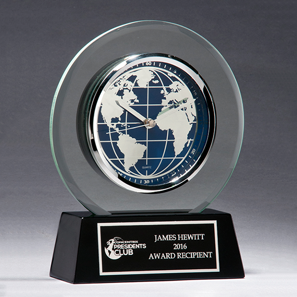 Glass Clock with World Dial | Trophy Factory Plus | Deland, Florida